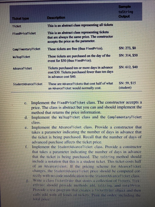 Solved Sample toString Output Ticket type Description Ticket | Chegg.com