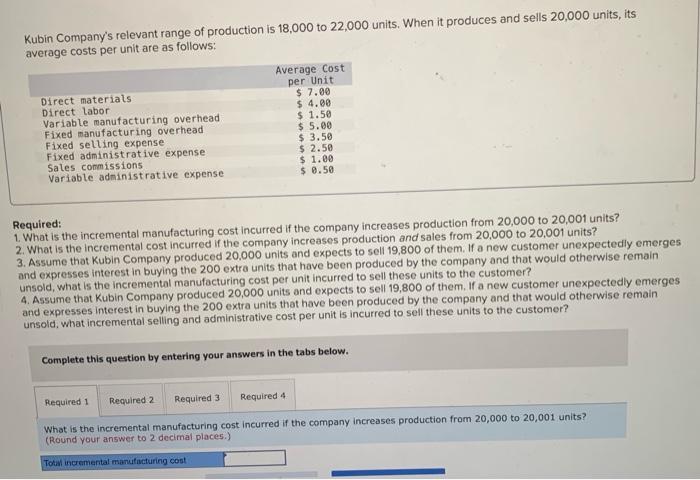 Solved Kubin Company's relevant range of production is | Chegg.com