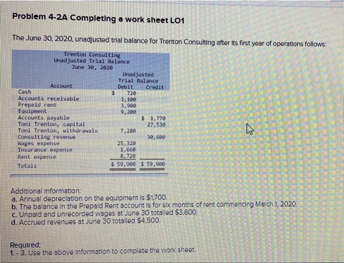 Solved Problem 4-2A Completing a work sheet L01 The June 30, | Chegg.com