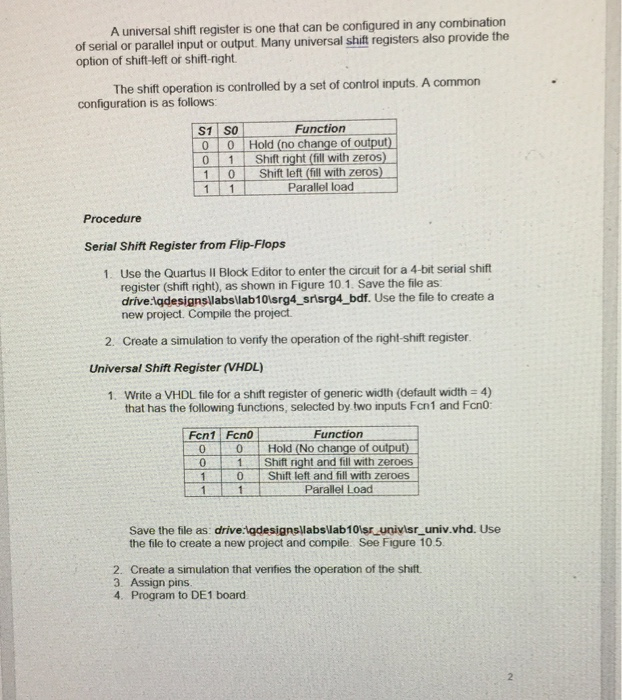 Experiment 10 Shift Registers Objectives • Upon | Chegg.com