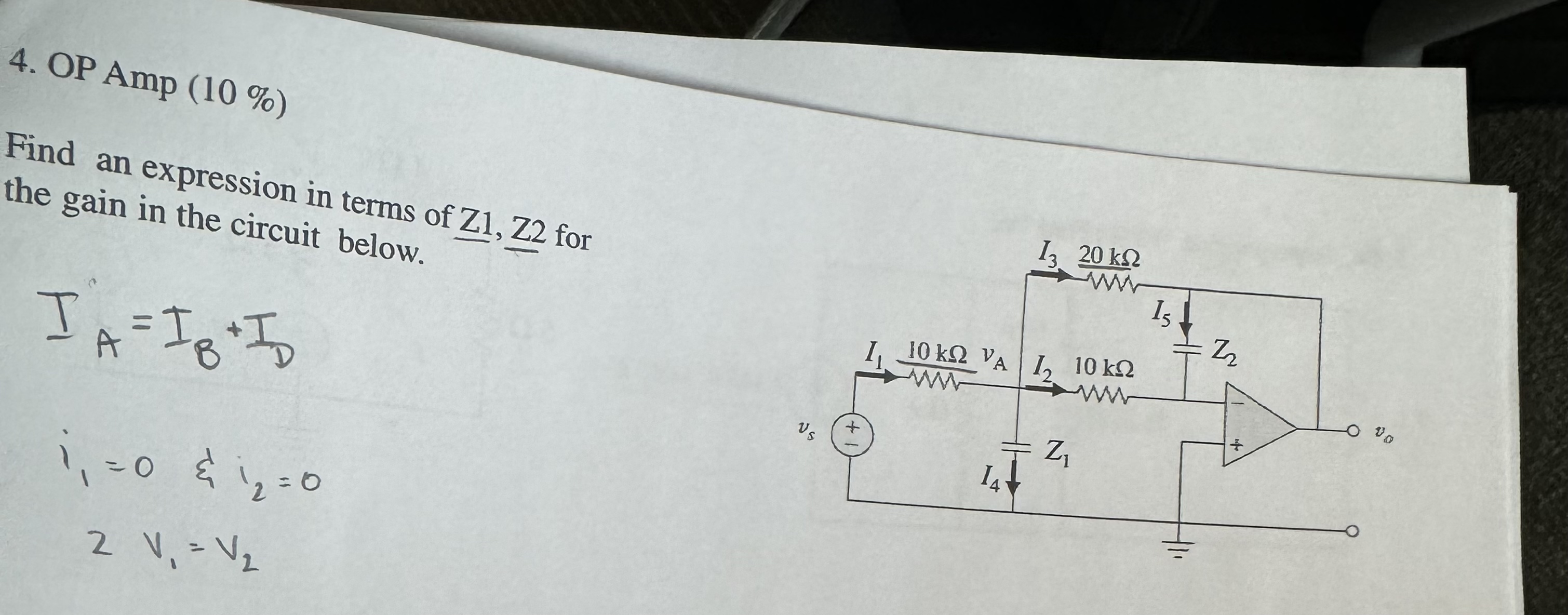 Solved OP Amp(10%)Find an expression in terms of Z1,Z2? ﻿for | Chegg.com