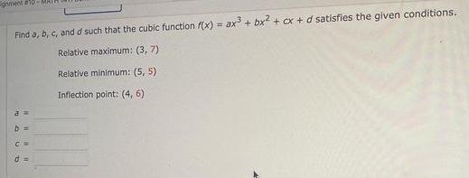 Solved Find a, b, c, and d such that the cubic function f(x) | Chegg.com
