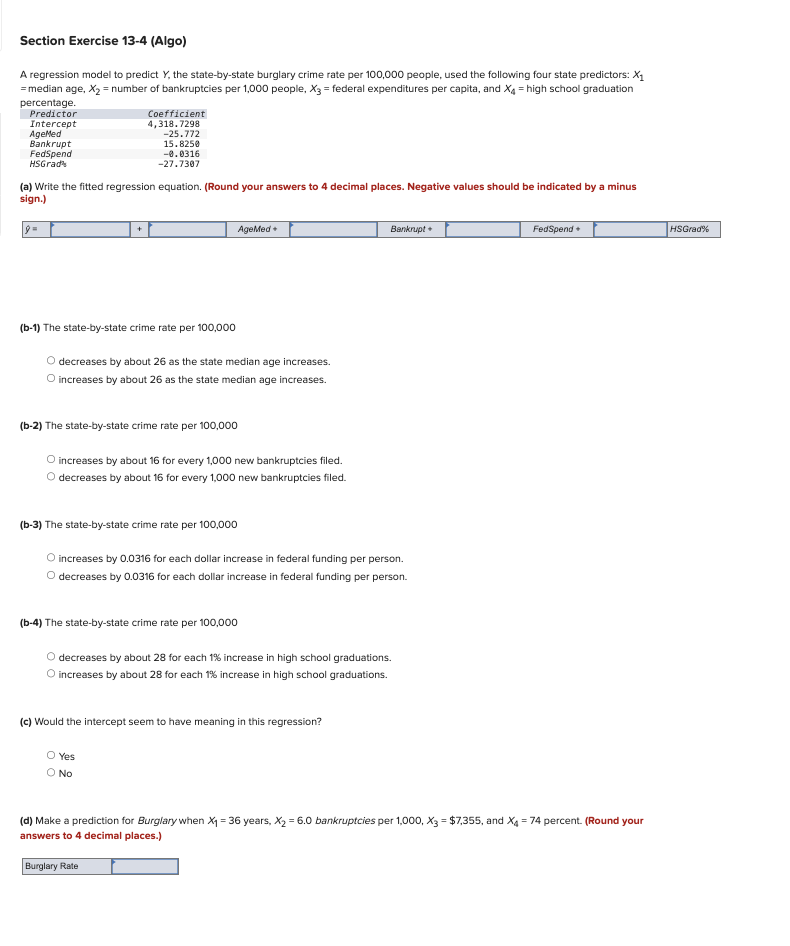 Solved Section Exercise 13-4 (Algo)A regression model to | Chegg.com