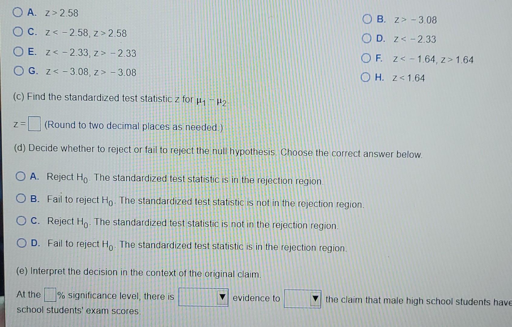 Solved The mean exam score for 49 male high school students | Chegg.com