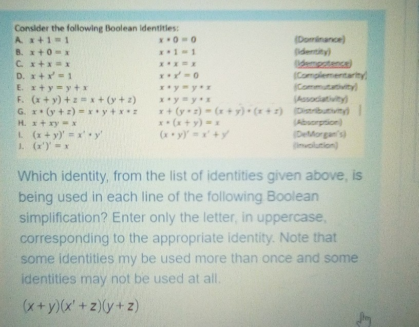 Solved Consider the following Boolean identities: A +11 X.00 | Chegg.com