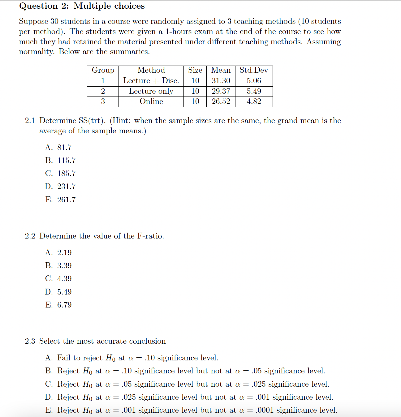 Solved Question 2: Multiple choicesSuppose 30 ﻿students in a | Chegg.com
