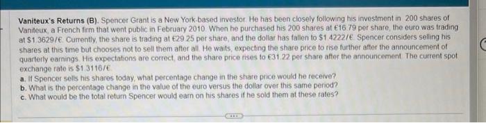 Solved Vaniteux's Returns (B). Spencer Grant is a New | Chegg.com