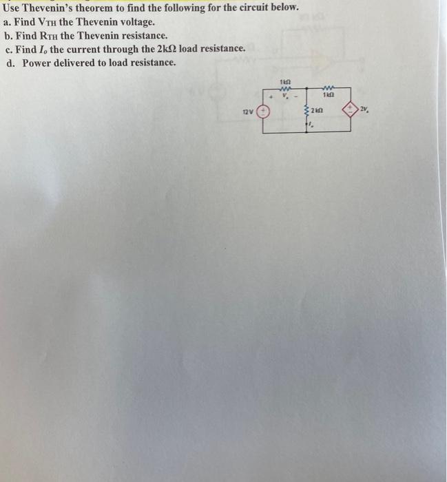 Solved Use Thevenin's theorem to find the following for the | Chegg.com