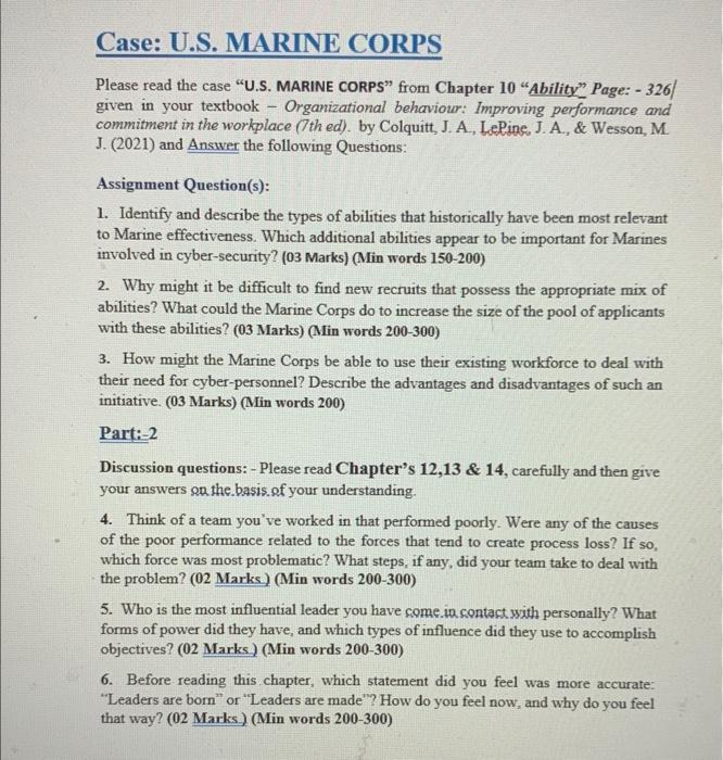 Solved Case: U.S. MARINE CORPS Please read the case "U.S. | Chegg.com