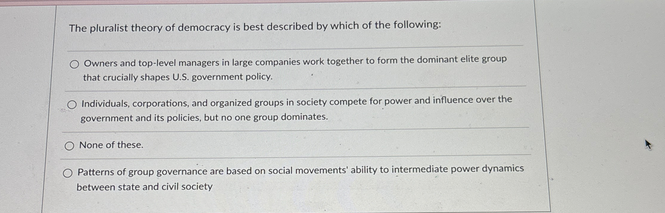 Solved The pluralist theory of democracy is best described | Chegg.com