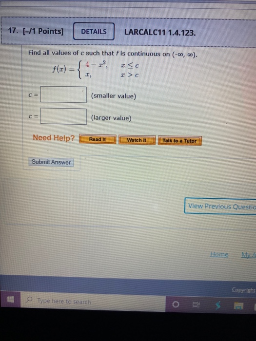 Solved find all values of c such that f is continuous on (-∞ | Chegg.com