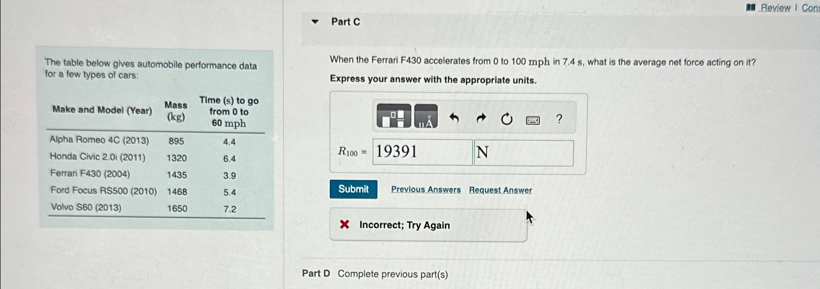 Solved Part CThe table below gives automobile performance | Chegg.com