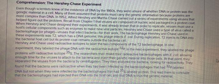Solved Comprehension: The Hershey-Chase Experiment Even | Chegg.com