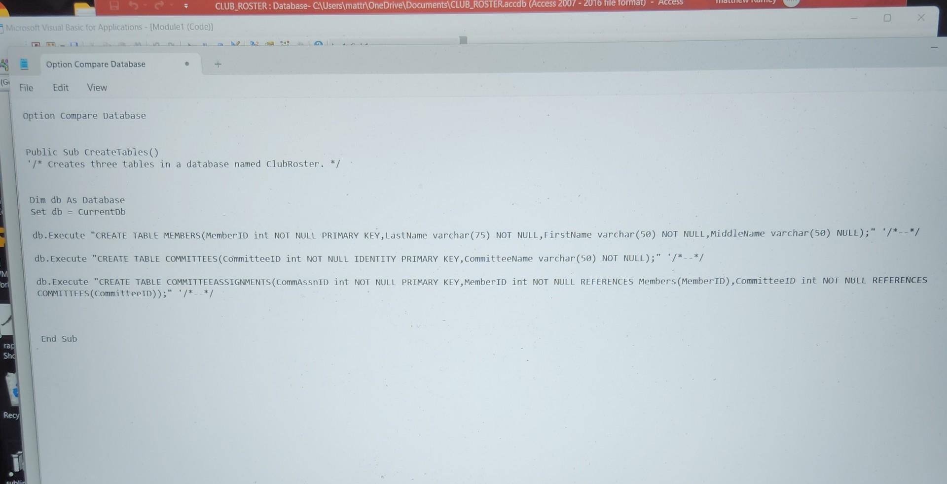 Solved Public sub createTables() ' ∗ creates three tables in | Chegg.com