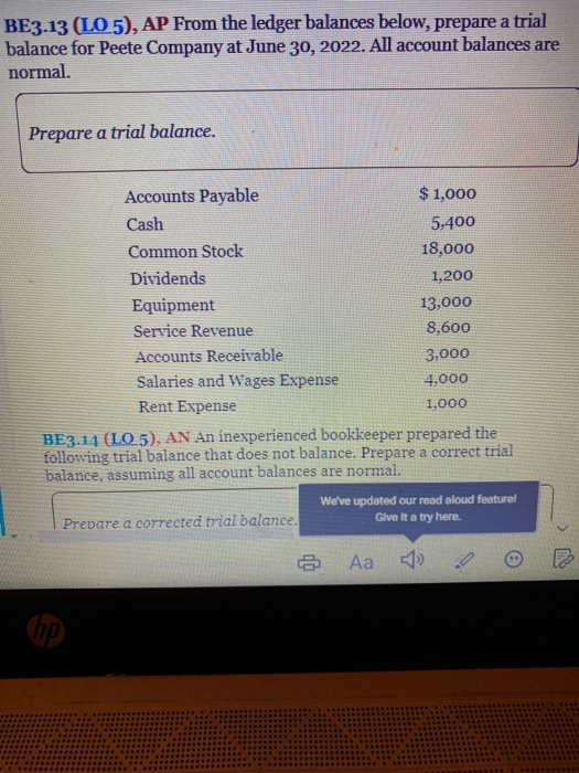 Solved BE3-13 (LO 5), AP From the ledger balances below, | Chegg.com