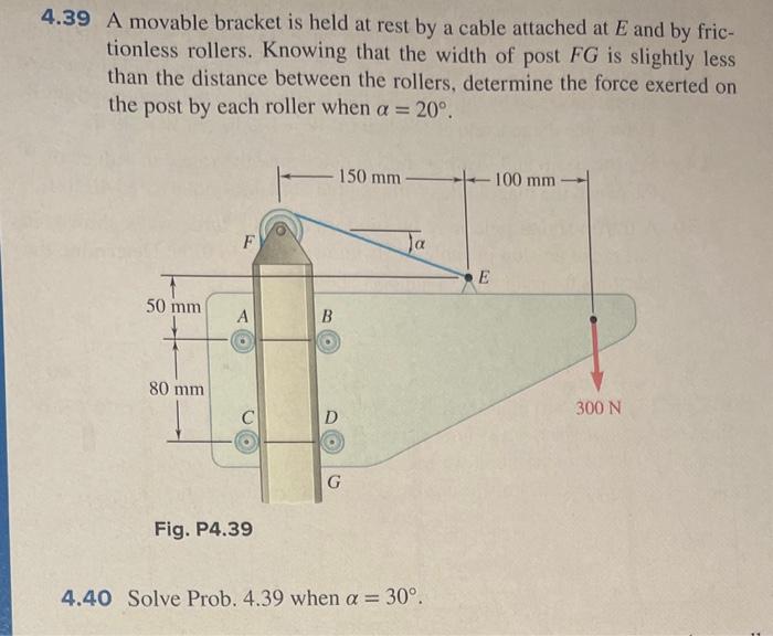 Solved 4.39 A movable bracket is held at rest by a cable | Chegg.com