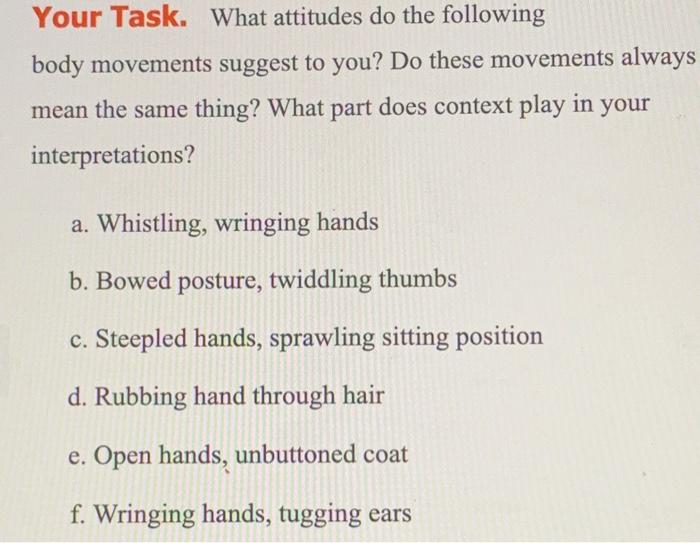 Solved Your Task. What attitudes do the following body | Chegg.com