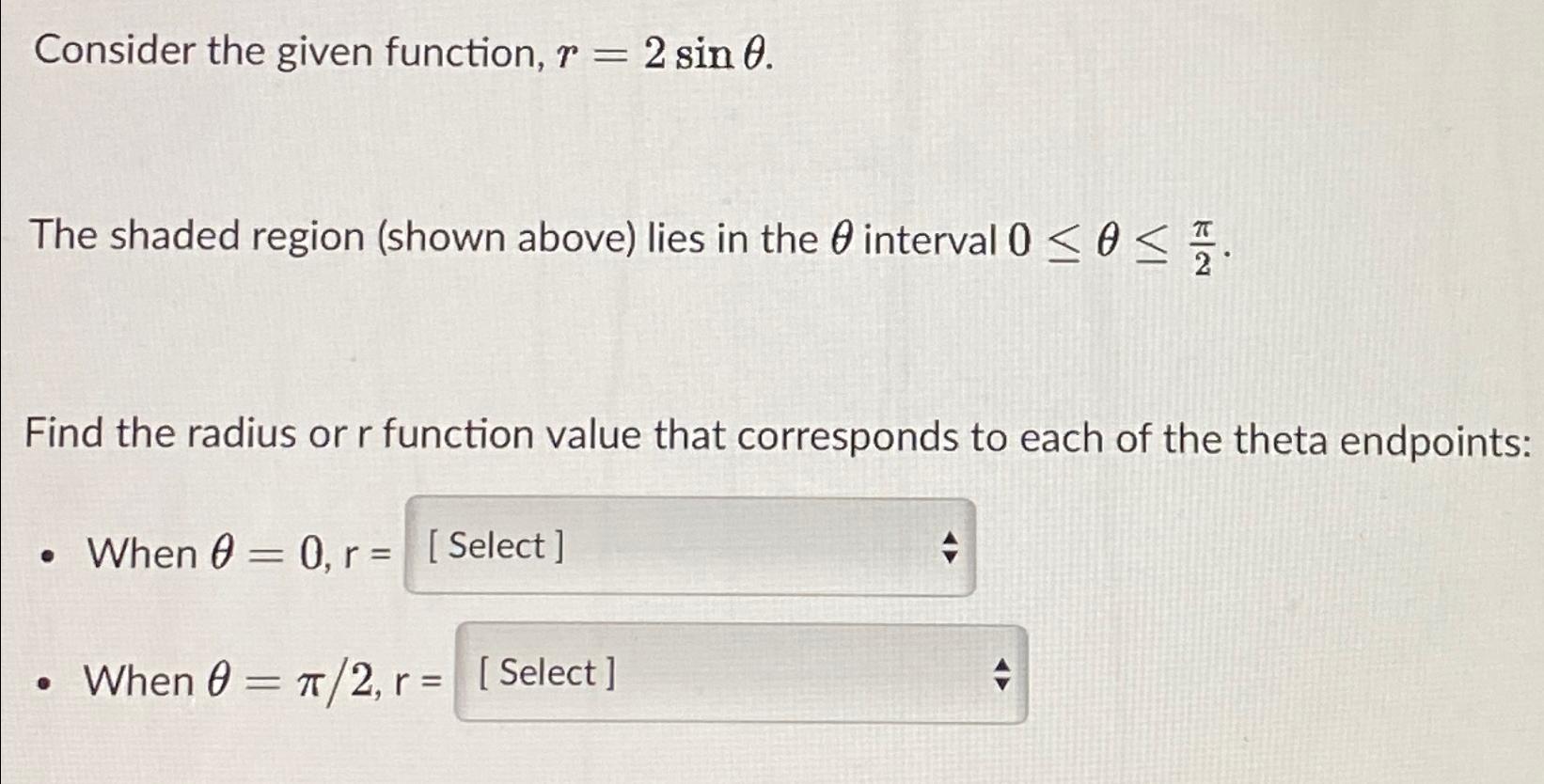 Solved Consider the given function, r=2sinθ.The shaded | Chegg.com