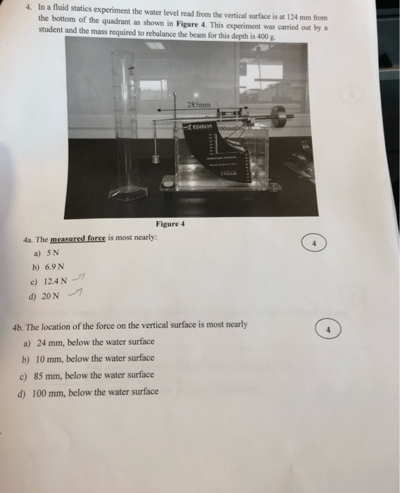 4. In a fluid statics experiment the water level read | Chegg.com