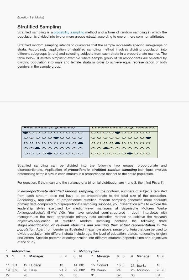 Solved Question 8 (4 Marks) () Stratified Sampling | Chegg.com