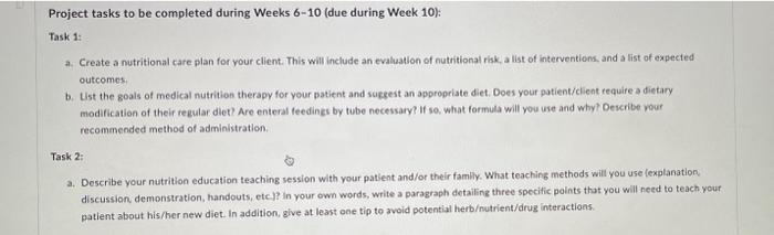 Solved Project tasks to be completed during Weeks 6-10 (due | Chegg.com