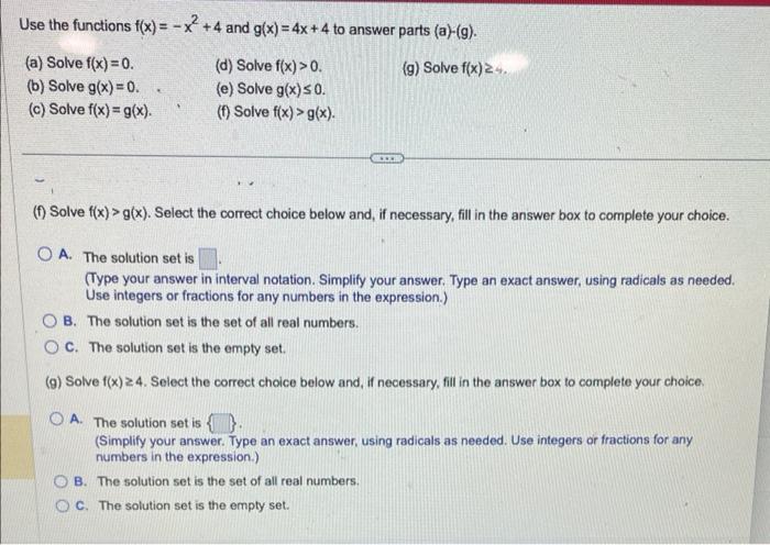 Solved Use the functions f(x)=−x2+4 and g(x)=4x+4 to answer | Chegg.com