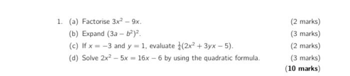 Solved 1. (a) Factorise 3x2−9x. (2 marks) (b) Expand | Chegg.com