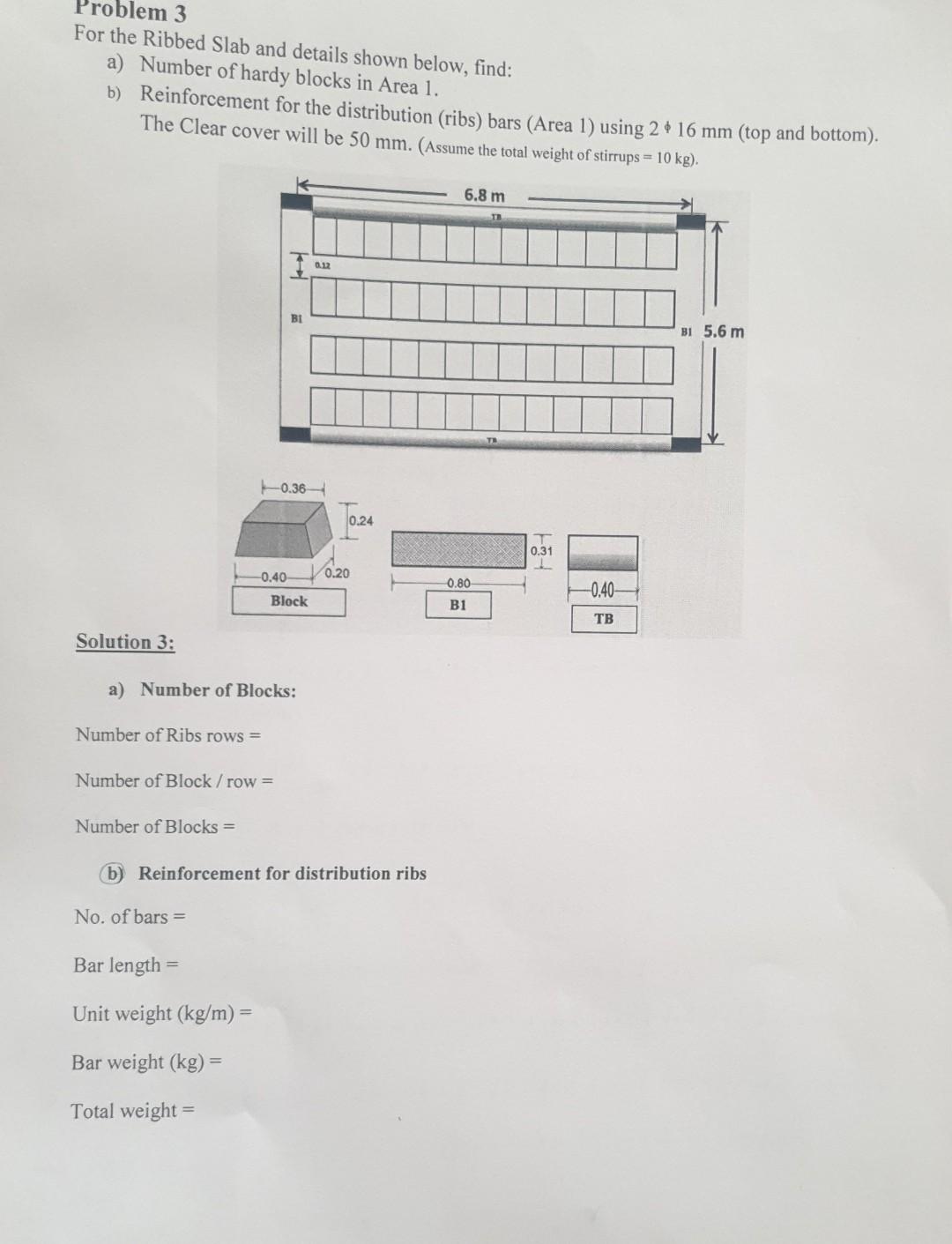 Solved oblem 3 For the Ribbed Slab and details shown below, | Chegg.com