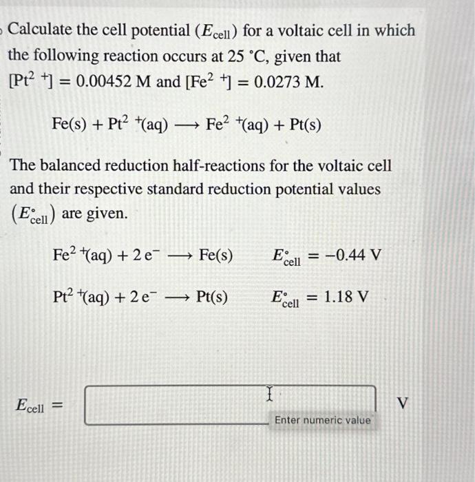 Solved Calculate The Cell Potential Ecell For A Voltaic