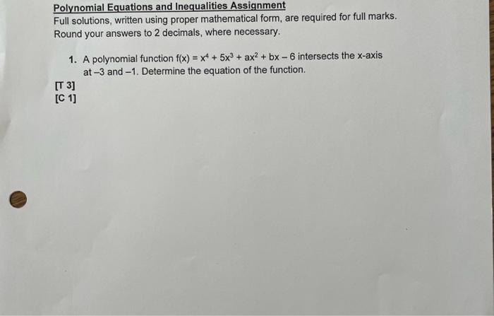 Solved Polynomial Equations and Inequalities Assignment Full | Chegg.com