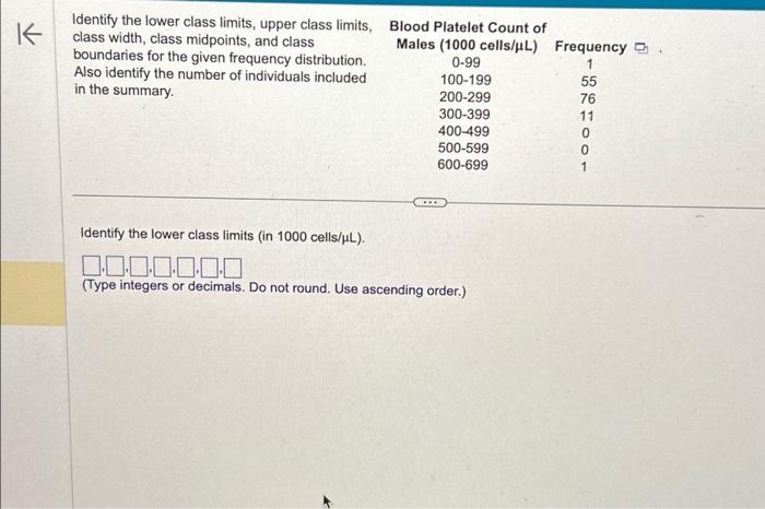 Solved K Identify the lower class limits, upper class | Chegg.com