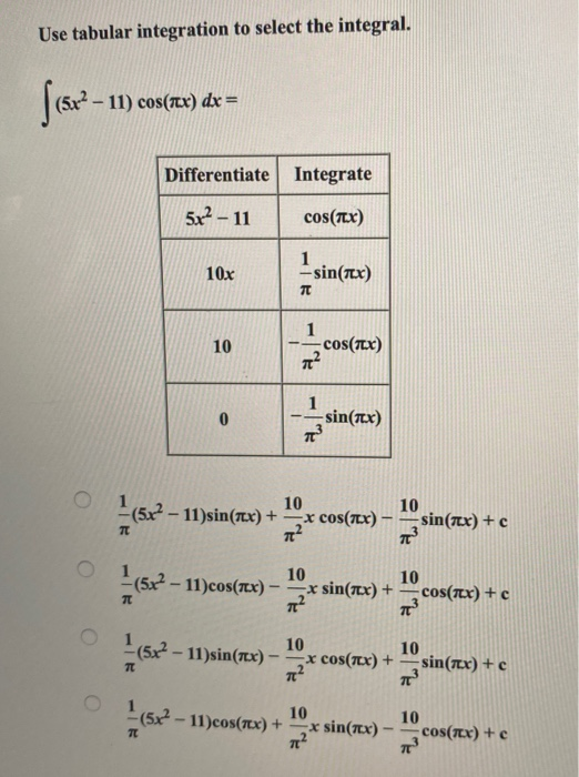 Solved Use tabular integration to select the integral. (5x? | Chegg.com