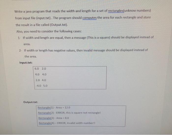 Solved Write a java program that reads the width and length | Chegg.com