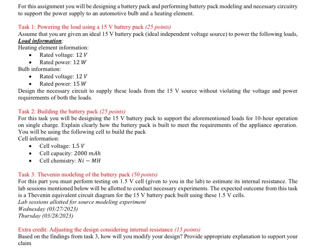 Solved For this assignment you will be designing a battery | Chegg.com