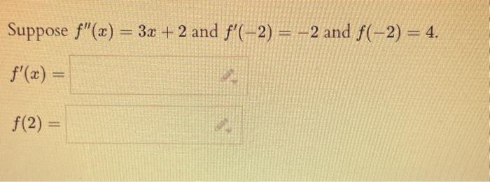 Solved Suppose f′′(x)=3x+2 and f′(−2)=−2 and f(−2)=4. f′(x)= | Chegg.com