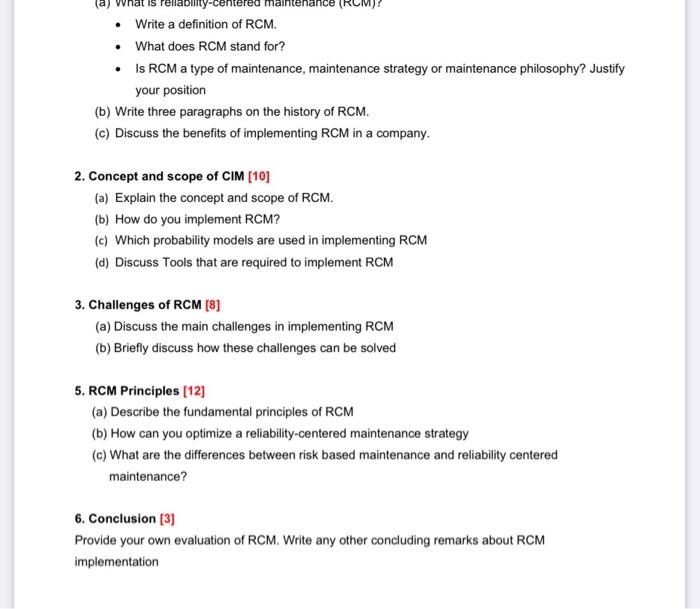 Solved - Write a definition of RCM. - What does RCM stand | Chegg.com