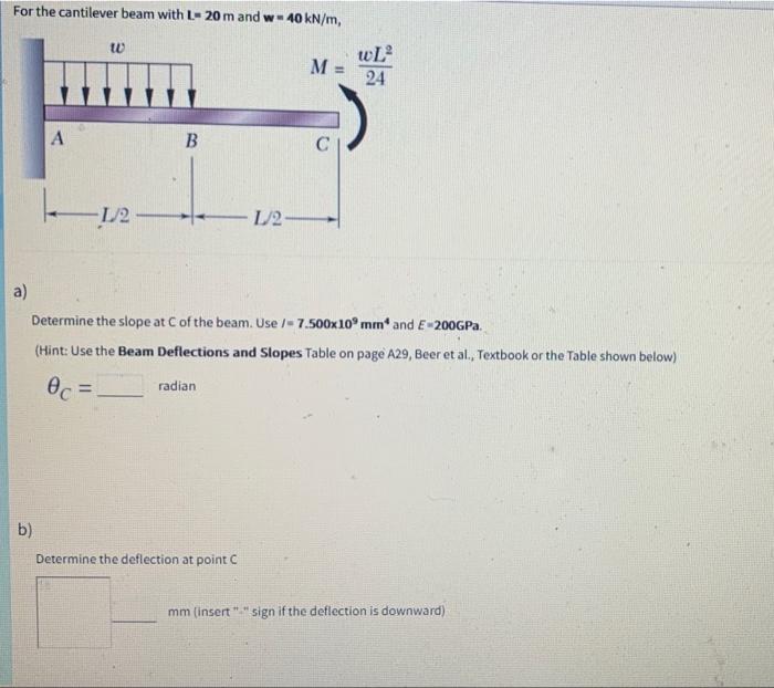 Solved For the cantilever beam with L-20 m and w40 kN/m, w M | Chegg.com