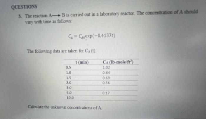 Solved QUESTIONS 3. The reaction AB is carried out in a | Chegg.com