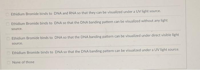 Solved Ethidium Bromide binds to DNA and RNA so that they | Chegg.com