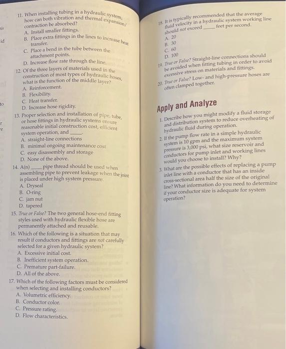 Solved 11. When installing tubing in a hydratalic system, | Chegg.com