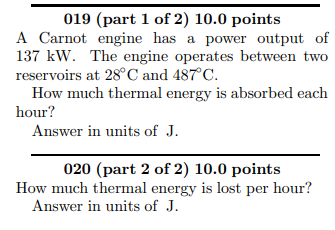 Solved 019 (part 1 ﻿of 2) 10.0 ﻿pointsA Carnot engine has a | Chegg.com