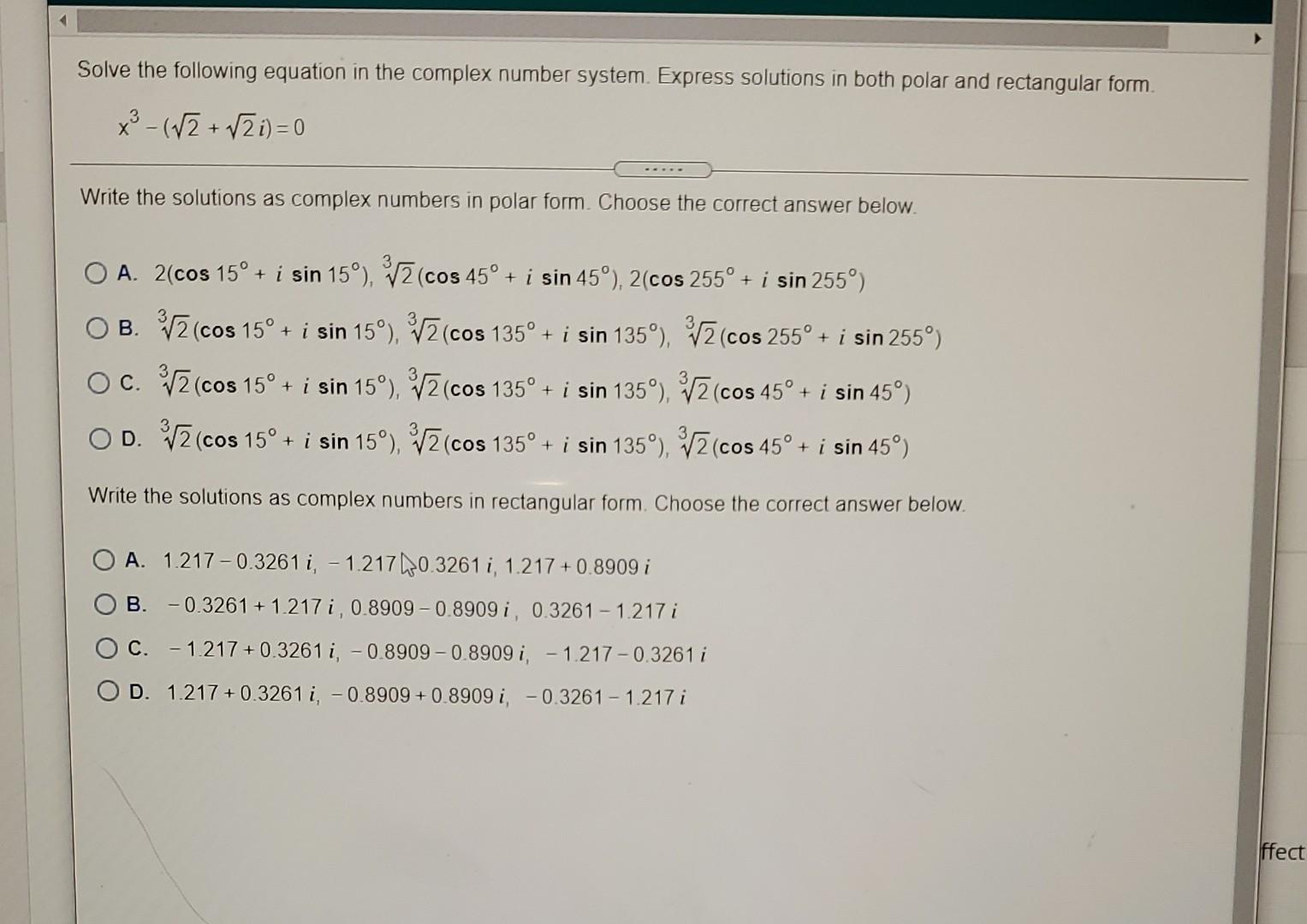 Solved Solve the following equation in the complex number | Chegg.com