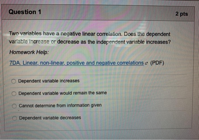 Solved Question 1 2 pts Two variables have a negative linear | Chegg.com