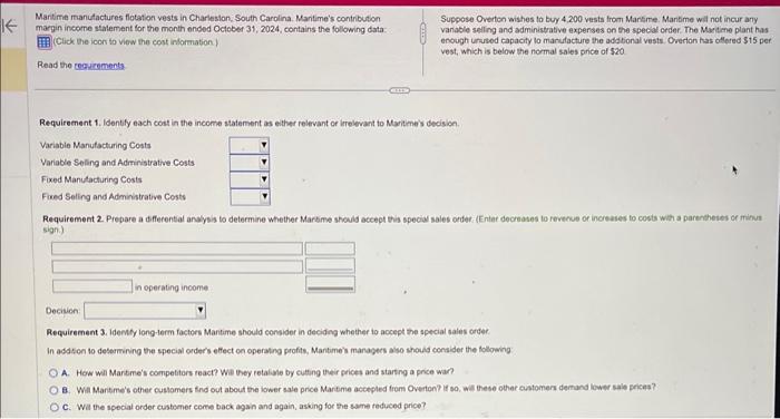 Solved Data tableMartime manutactures flotation vests in | Chegg.com