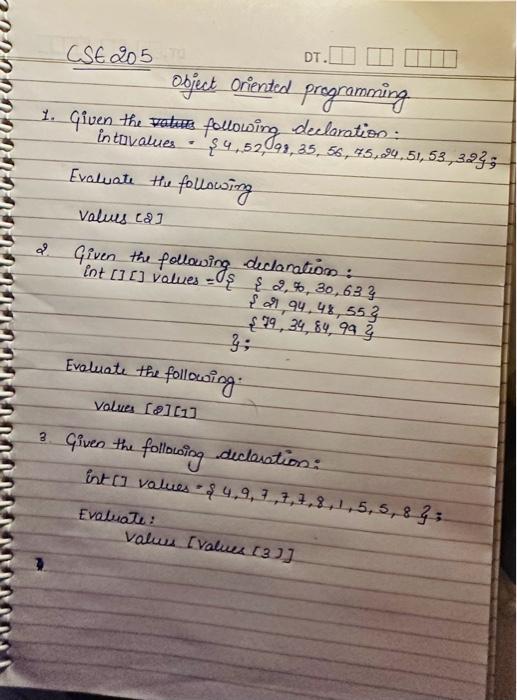 Solved 1. Given the following declaration: intrvalues | Chegg.com
