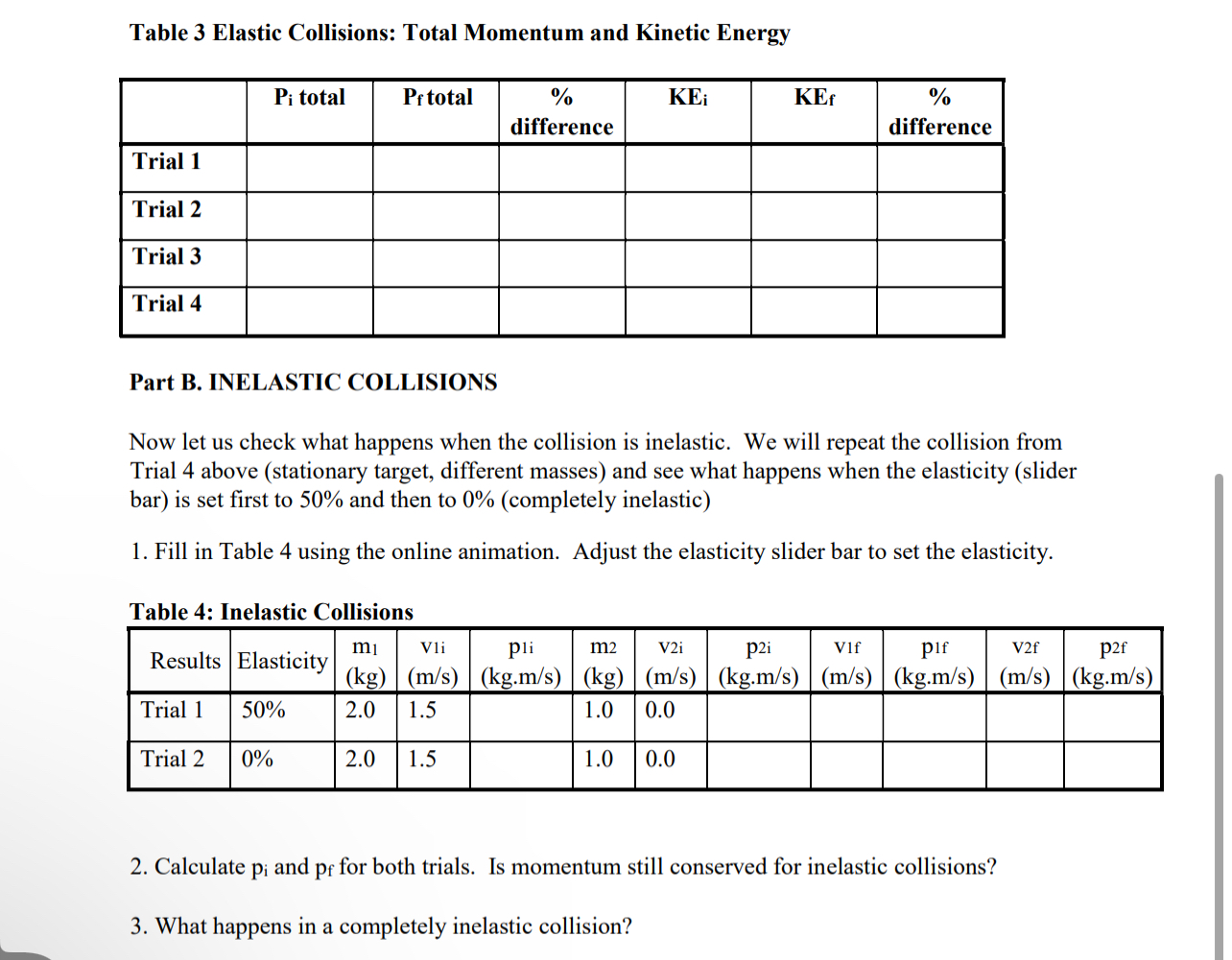 Solved Table 3 ﻿Elastic Collisions: Total Momentum and | Chegg.com