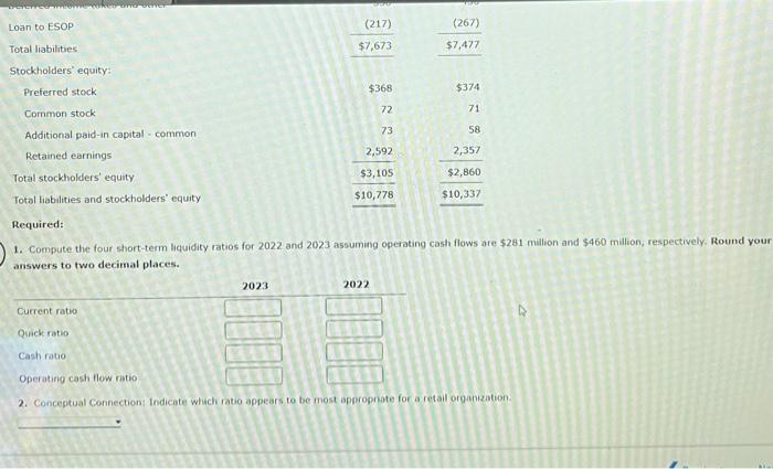 Solved Short-Term Liquidity Ratios The financial statements | Chegg.com