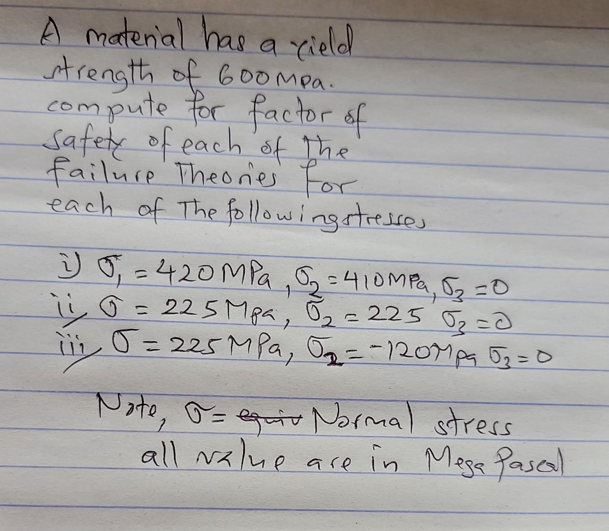 Solved A material has a cield strength of 600mpa. compute | Chegg.com