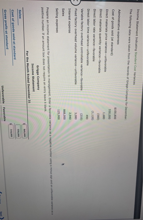 Solved Income Statement Indicating Standard Cost Variances | Chegg.com