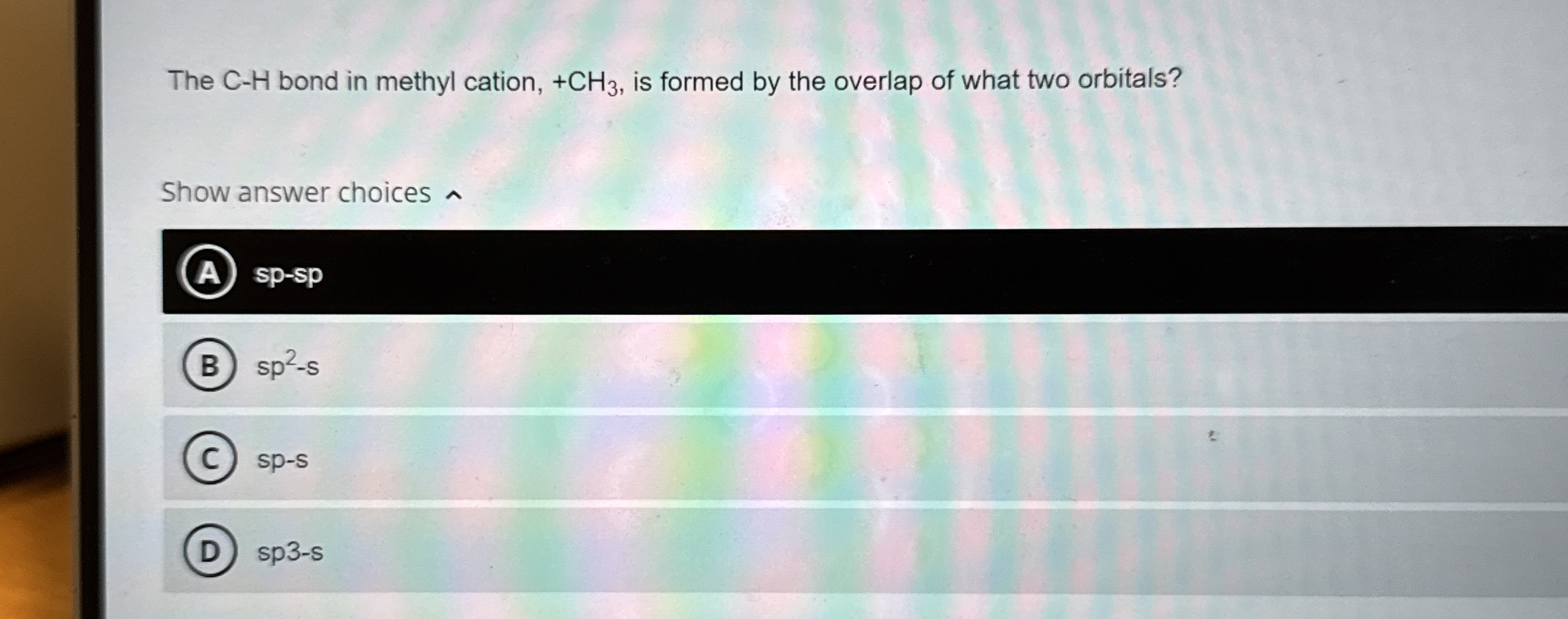 Solved The C-H ﻿bond in methyl cation, +CH3, ﻿is formed by | Chegg.com